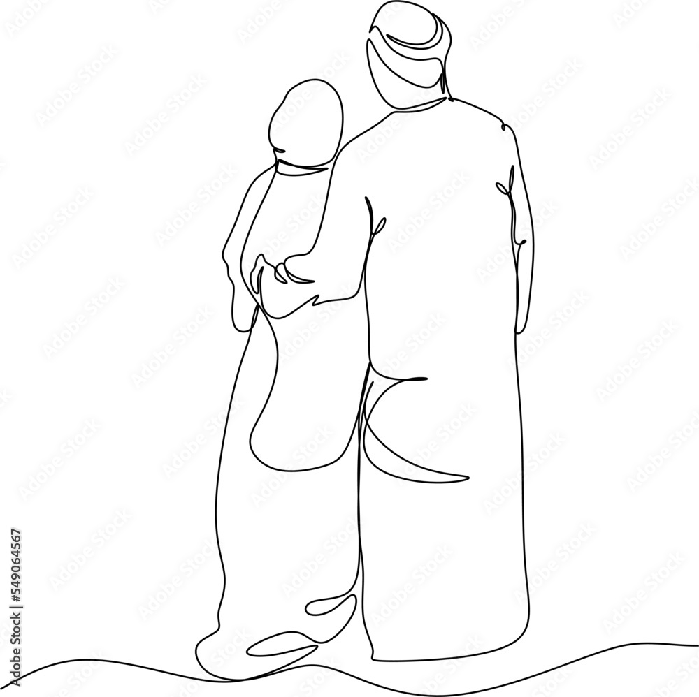 One line drawing of young happy muslim men and women walking together ...