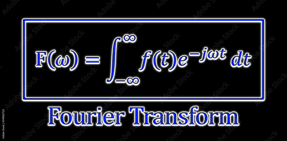 Fourier transform formula definition (FT) in 3D blue against black ...