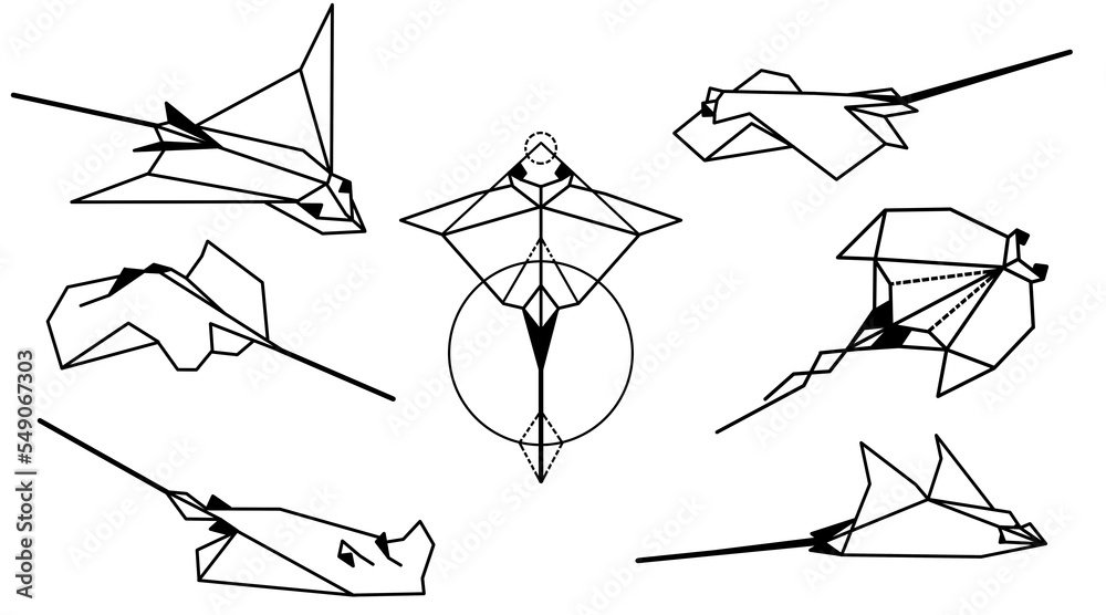 Line Art Tattoo Stingray Fish Set, Abstract Minimal Stingray Fish, Set ...