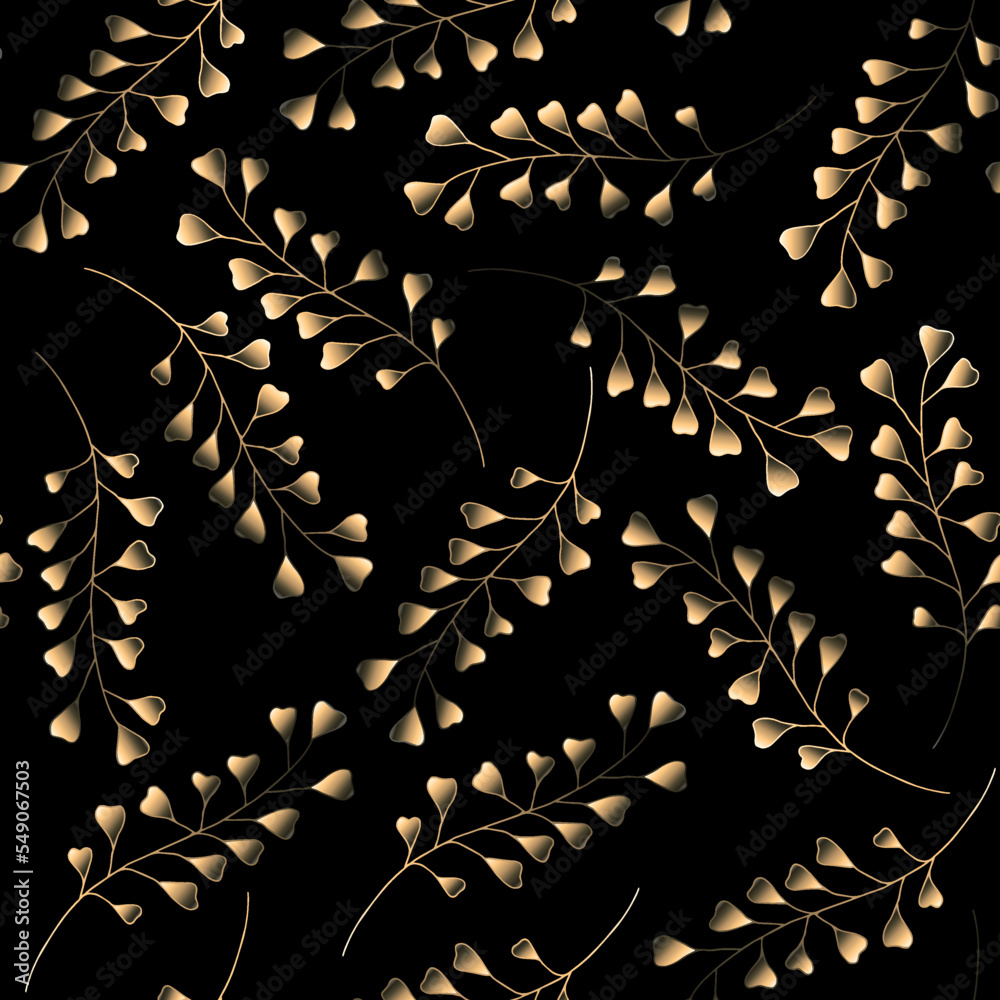 Gold branches on black background seamless pattern. Hand drawn botanic ...
