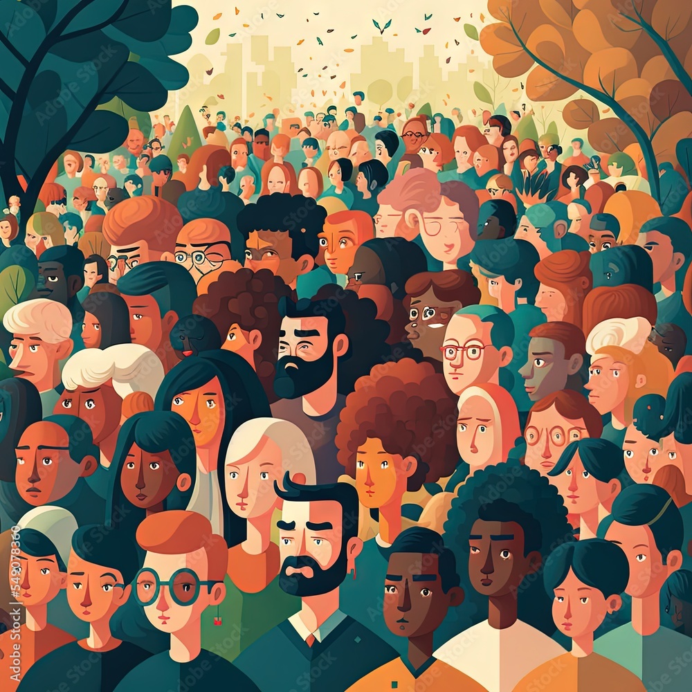 Crowd of people with different origins, genders, ages, ethnicities ...