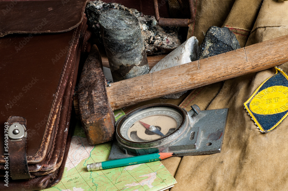 Geological fieldwork tools - field vintage geology concept. The ...