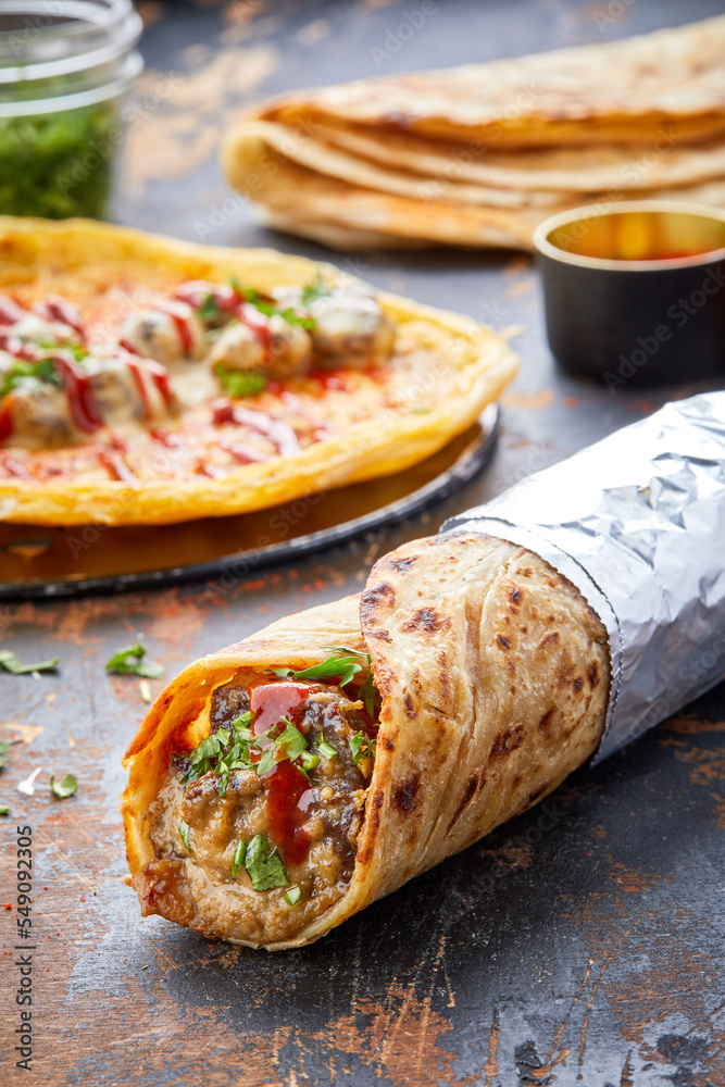 Shahi Korma paratha roll kathi shawarma wrap with dipping sauce ...