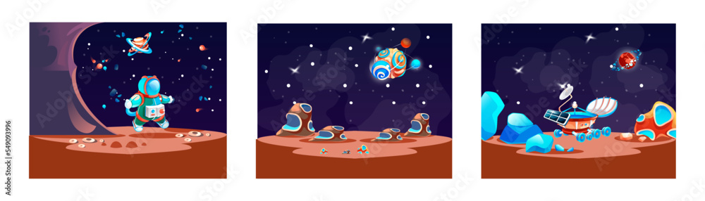 Space planet landscape set, cosmic game background with spaceship ...