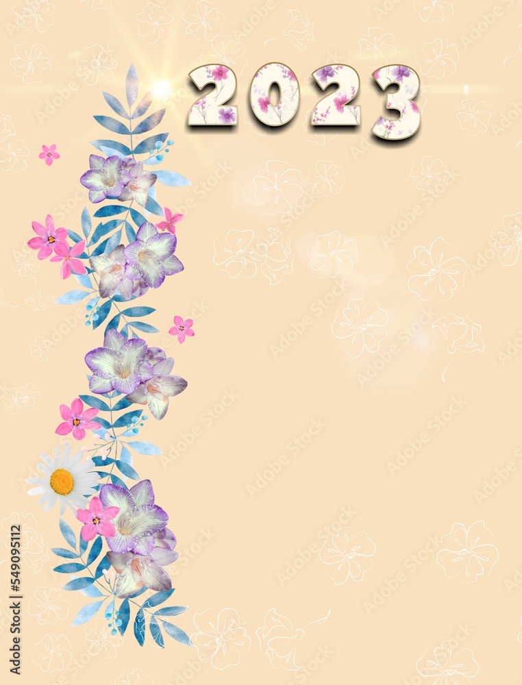 Spring sale background with 2023 number with floral pattern and flowers ...