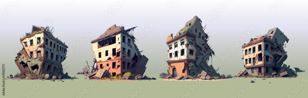 Set of cartoon ruined abandoned houses and car. Destroyed city ...