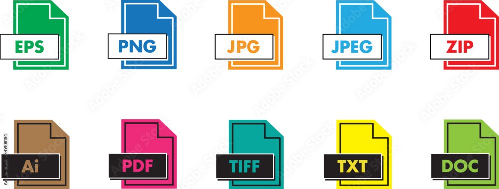 Vector Illustration Of A Set Of Different Document File Formats On A White Background Stock
