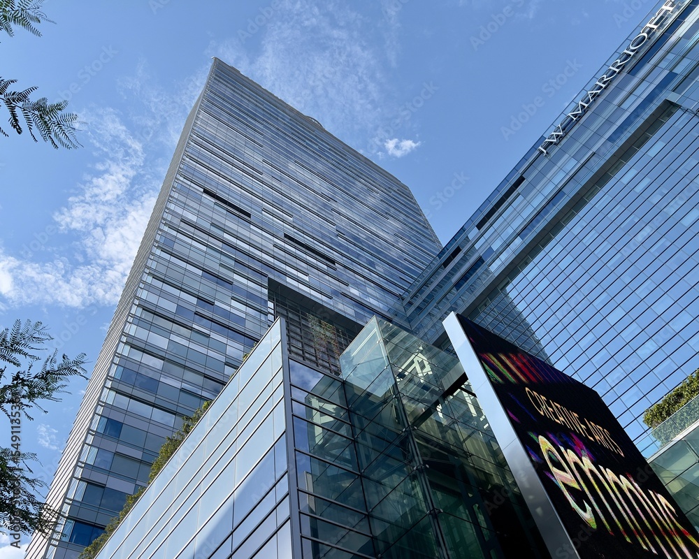 LOS ANGELES, CA, SEP 2022: looking up at the towering glass structure ...