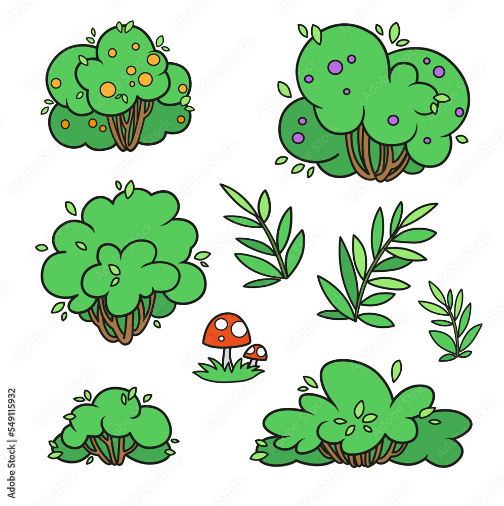 Set of foliar bushes color variation for coloring page isolated on ...