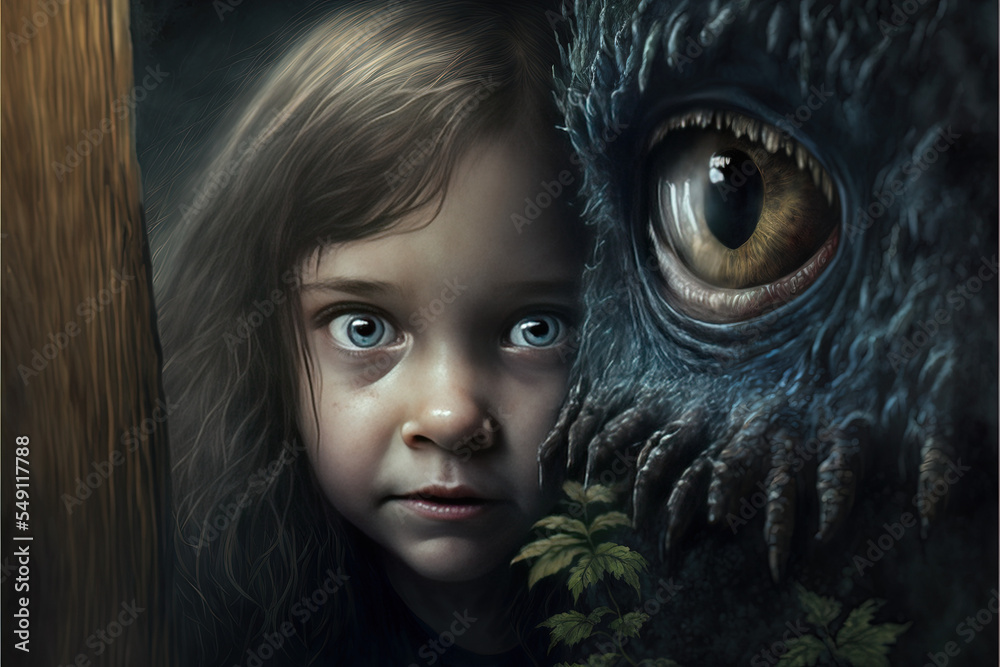 Generative AI girl with her monster Stock Illustration | Adobe Stock