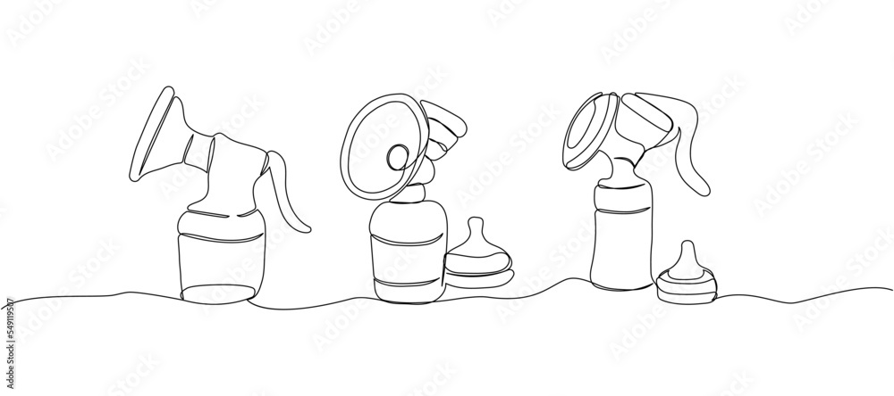 Set of breast pump with pacifier one line art. Continuous line drawing ...