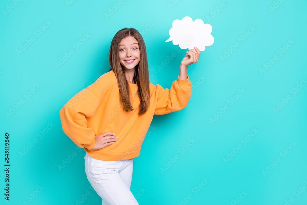 Photo of young cute little girl touch waist hold paper bubble cloud ...