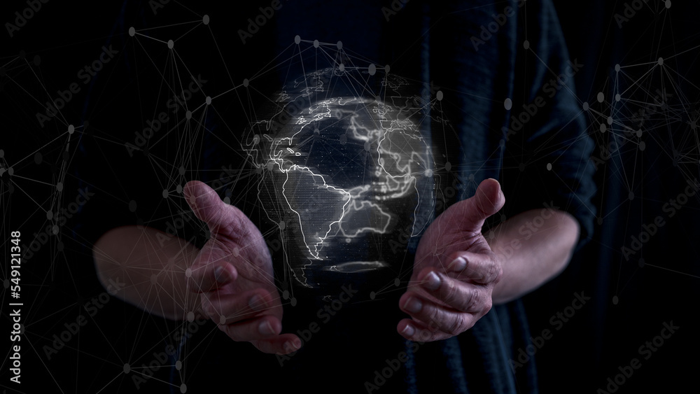 businessman holding Global network connection. Big data analytics and ...