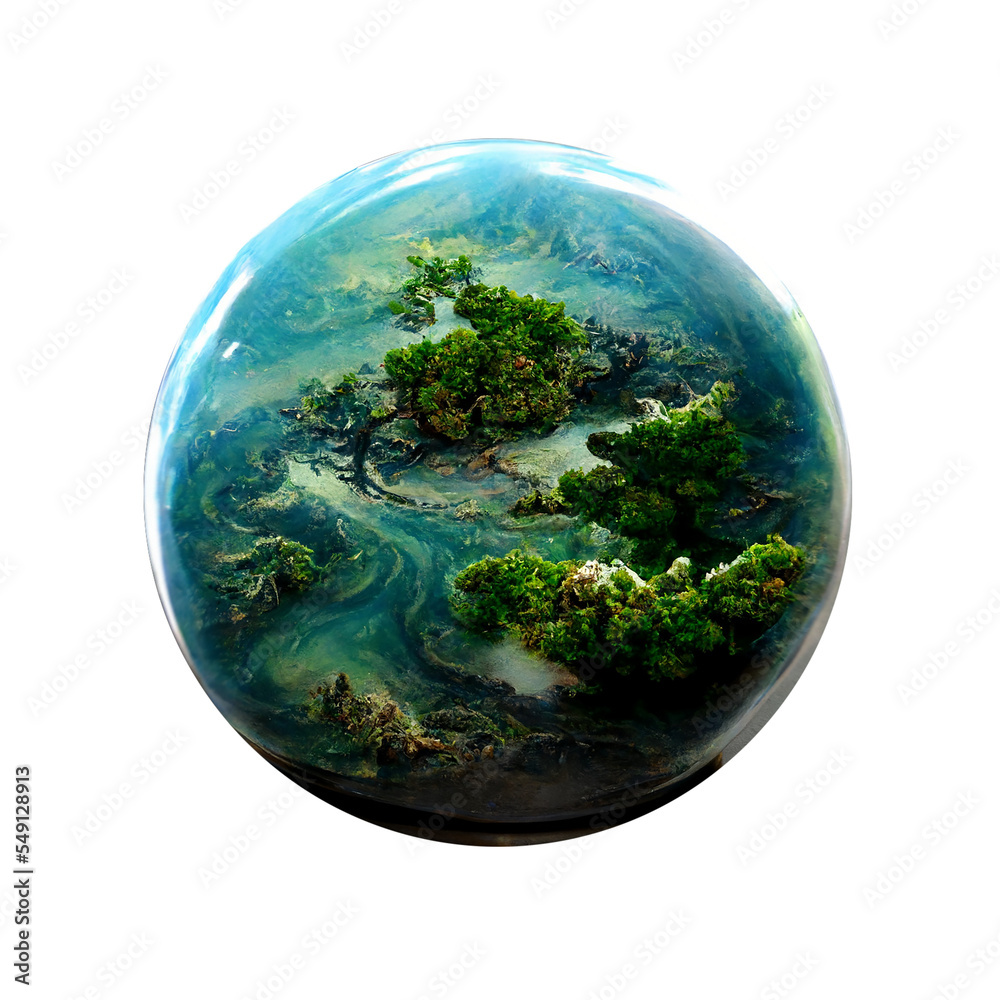 crystal ball with eco natural landscape inside the bubble - painting of ...