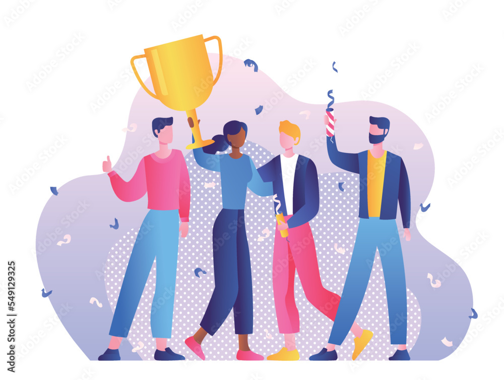 Winners prize concept. Men and woman with golden cup and confetti ...