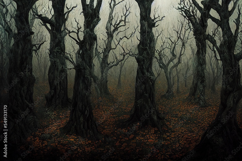 bird's eye view, oil paint style, foggy scenery of haunted trees Stock ...