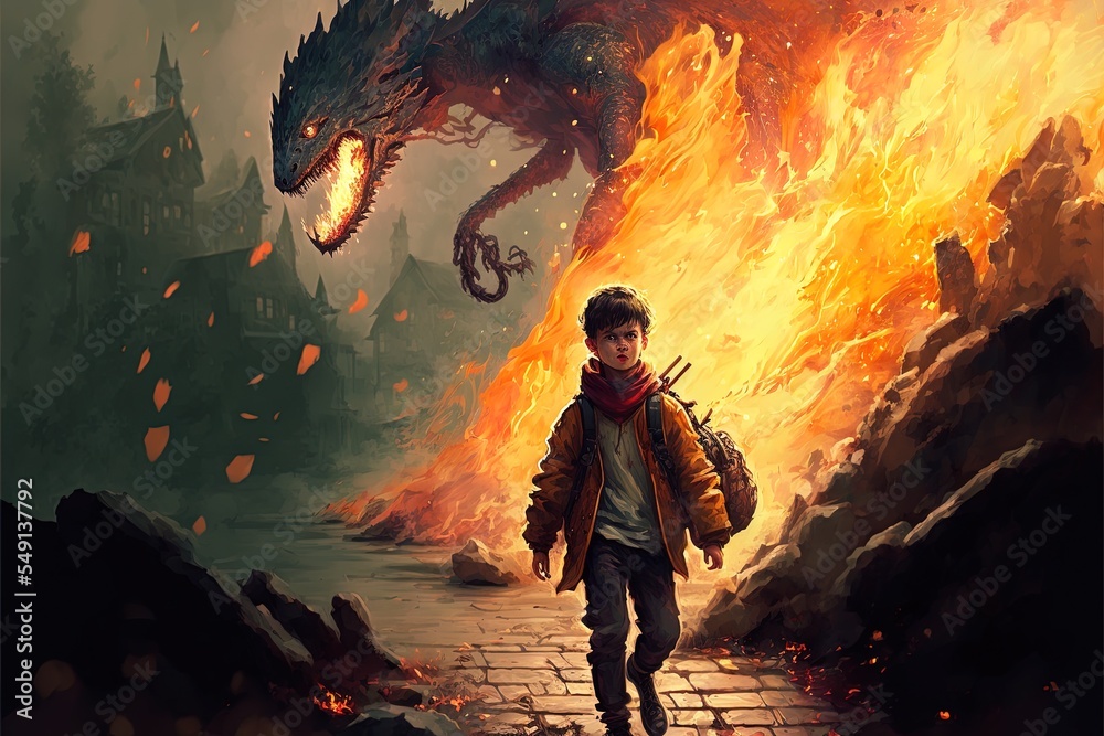 ภาพประกอบสต็อก Fantasy Scene Showing The Young Boy Running Away From ...
