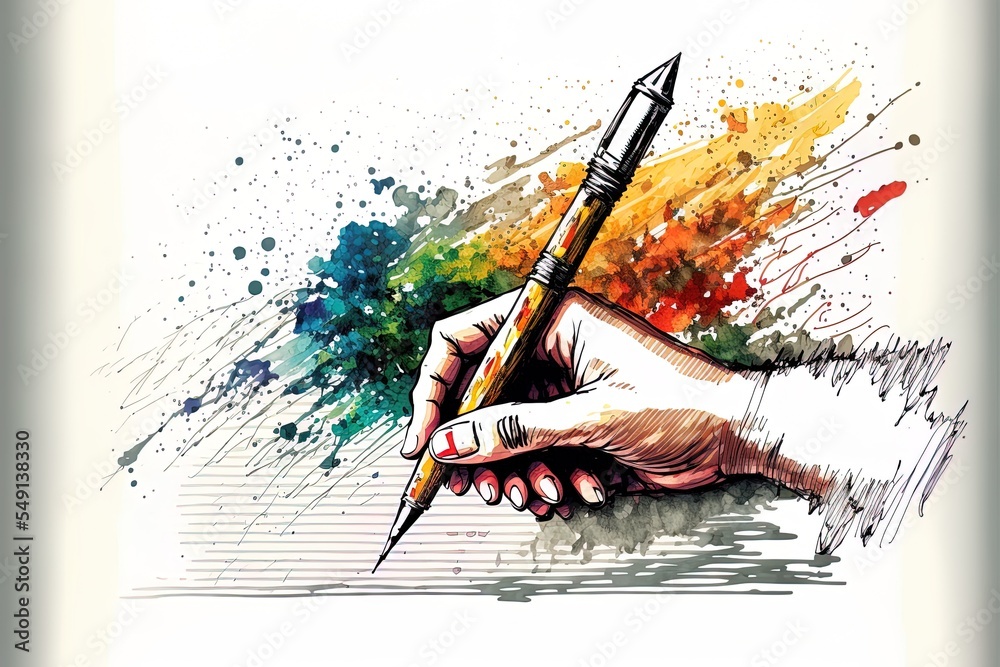 Male Hand With Pen From A Splash Of Watercolor, Hand Drawn Sketch ...