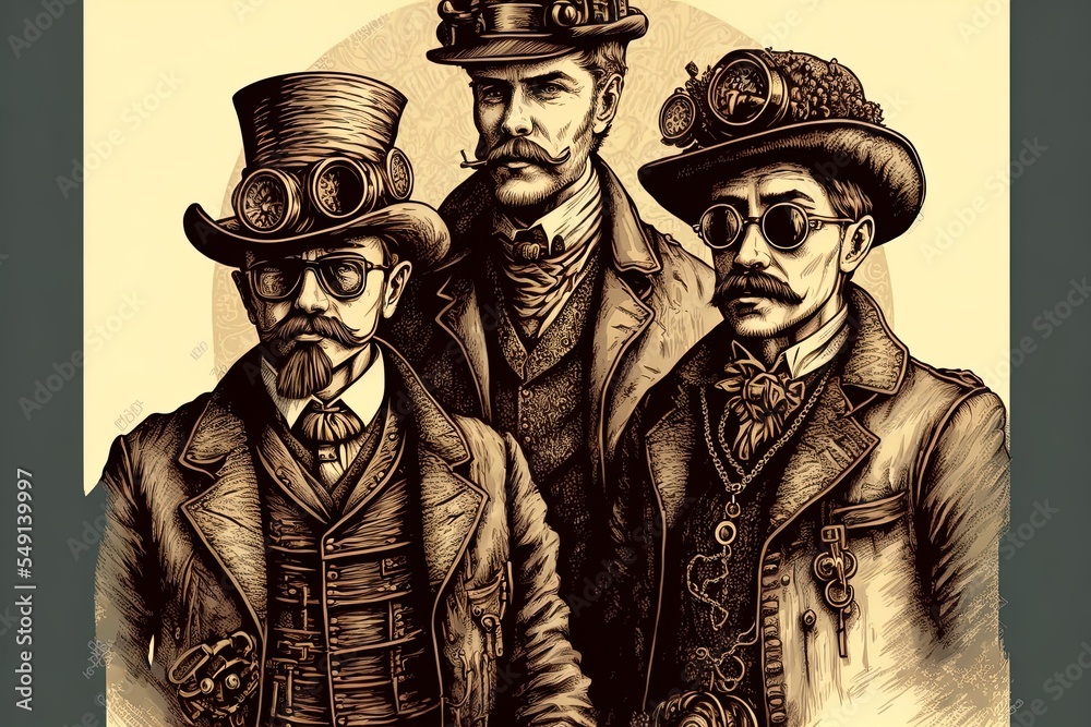 Men In Steampunk Costume Hand Draw Vintage Engraving Style Stock ...