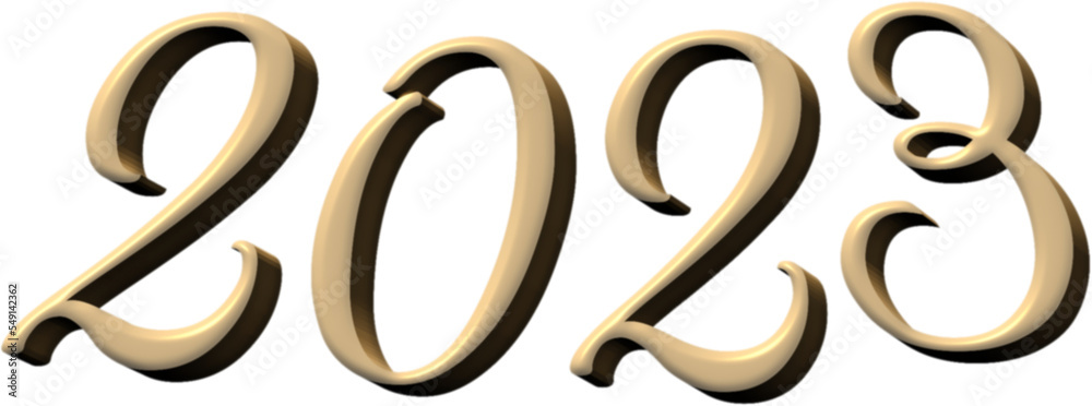 2023 gold metallic 3D cursive curved lettering. Isolated stationary ...