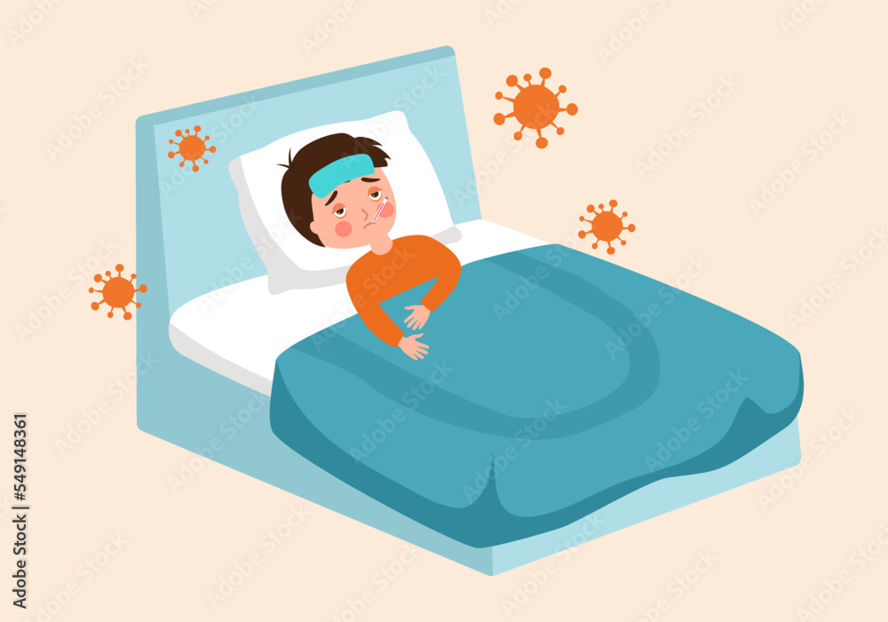 Children suffering from flu in bed under blanket. Sick kids has fever ...