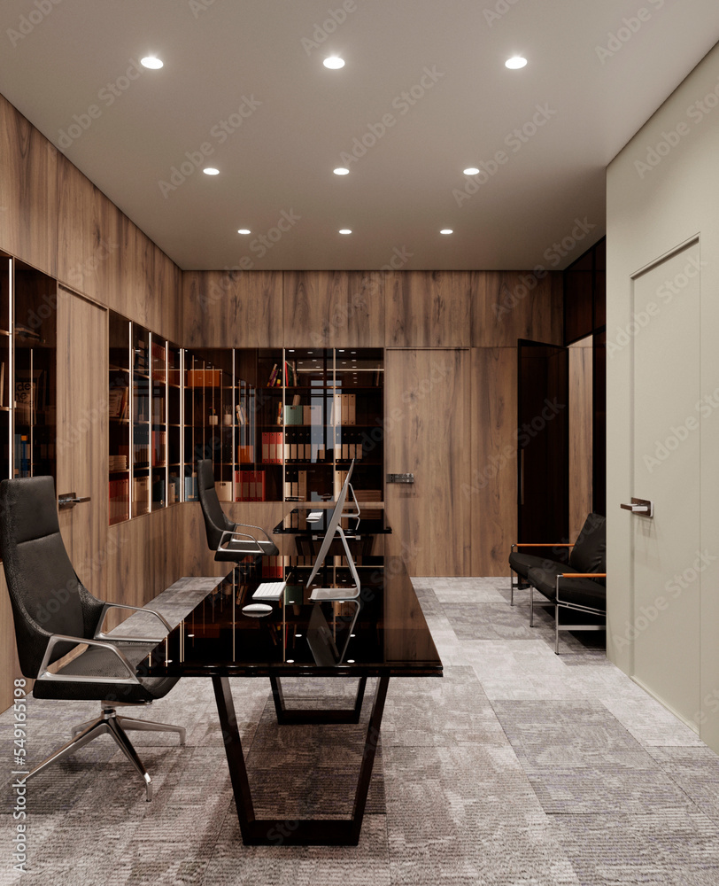 Modern office design. 3D visualization. Walls made of veneered panels ...