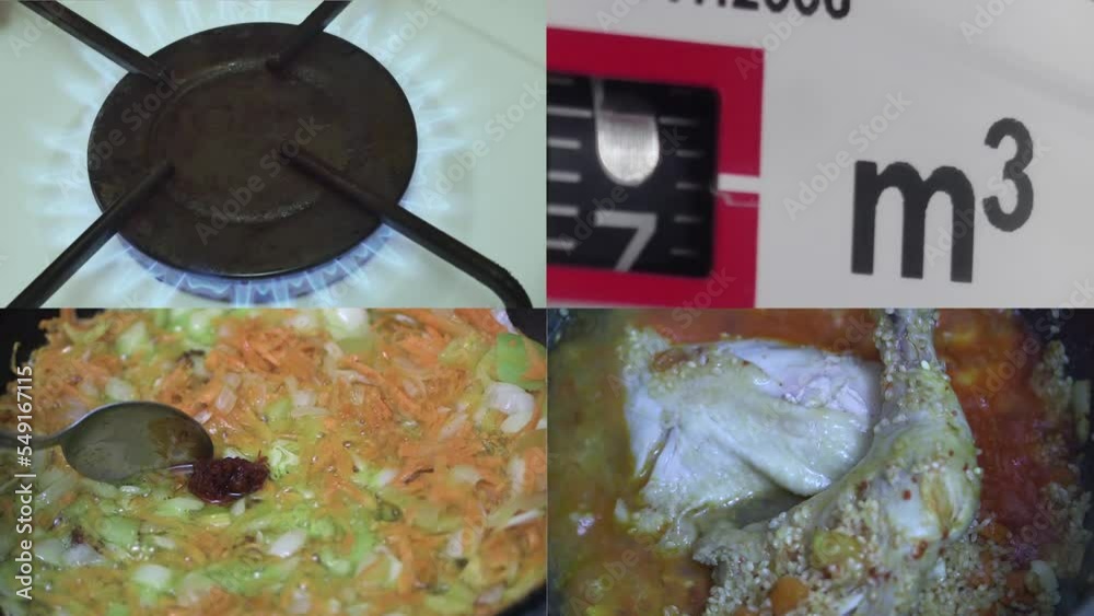 collage of working gas meter, burning gas burner and cooking, utility ...