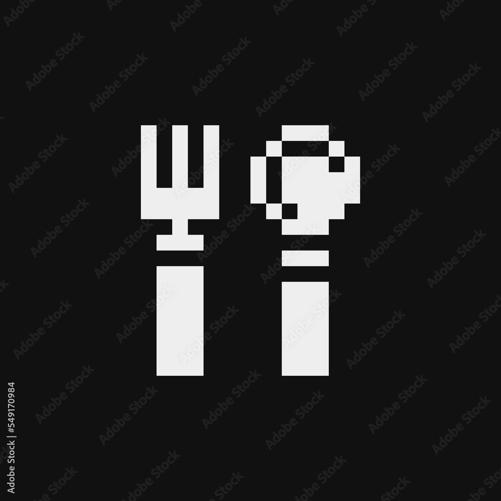 Folk and spoon pixel art icons. Old school computer graphic design. 1 ...
