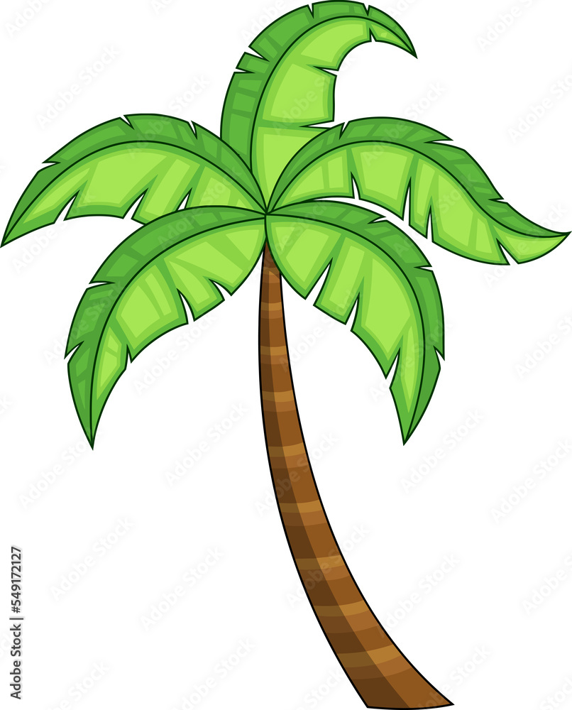 Cartoon Tropical Palm Tree With Crown Of Green Leaves. Hand Drawn ...