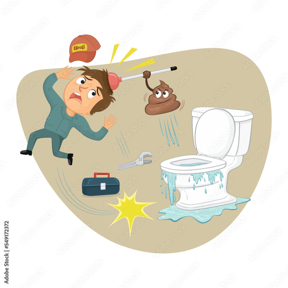 Cartoon character poop ready holding a toilet plunger chasing handyman ...