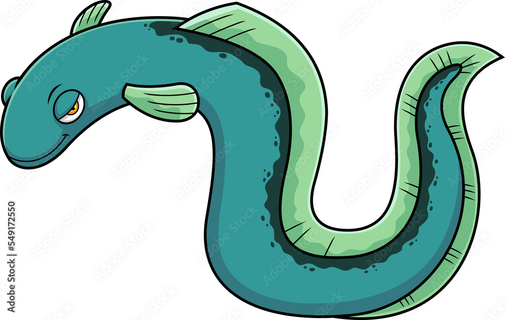 Cute Electric Eel Fish Cartoon Character Is Swimming. Hand Drawn ...