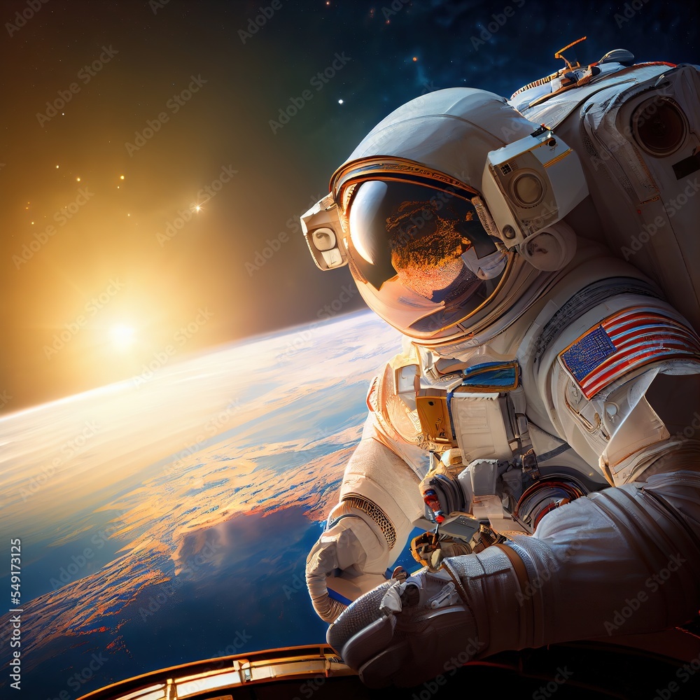 Space explorer, astronaut portrait in outer space, planet Earth on ...
