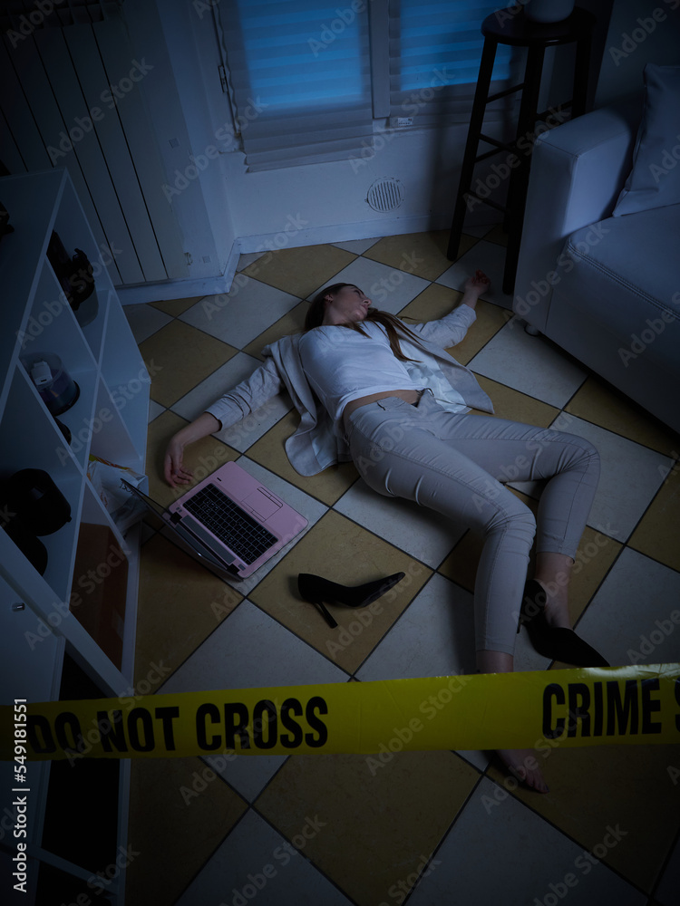 young woman lying dead on the floor after rape - crime scene Stock ...