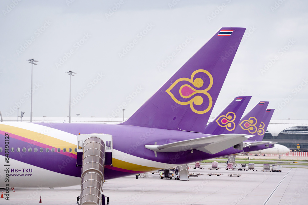 BANGKOK, THAILAND - AUG 12, 2022: Tail of the Thai Airways aircraft in ...