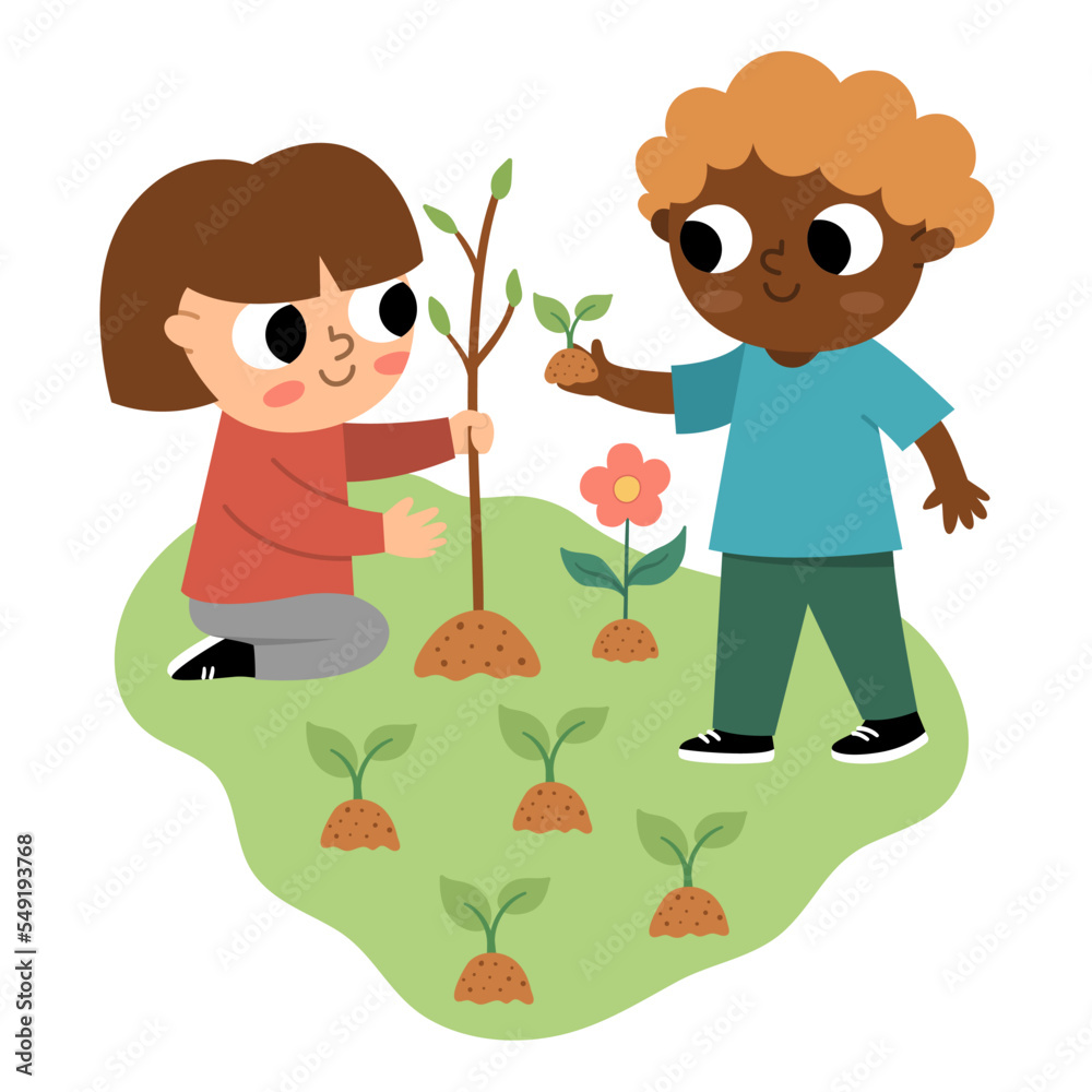 Girl and boy seeding plant icon. Cute eco friendly kids. Children ...