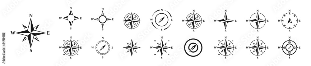 Compass icon set. Set of wind rose icons. Compass symbol collection ...