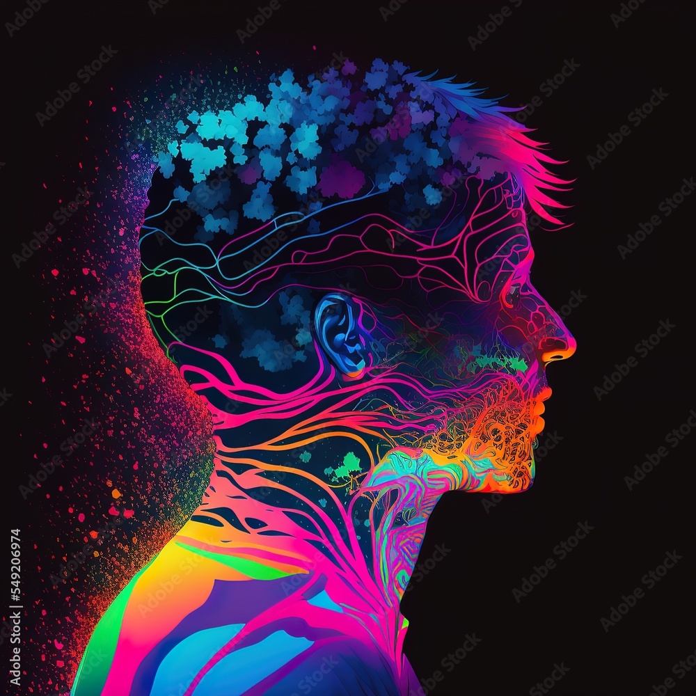 Colorful trippy euphoric man silhouette illustration. The journey deep ...