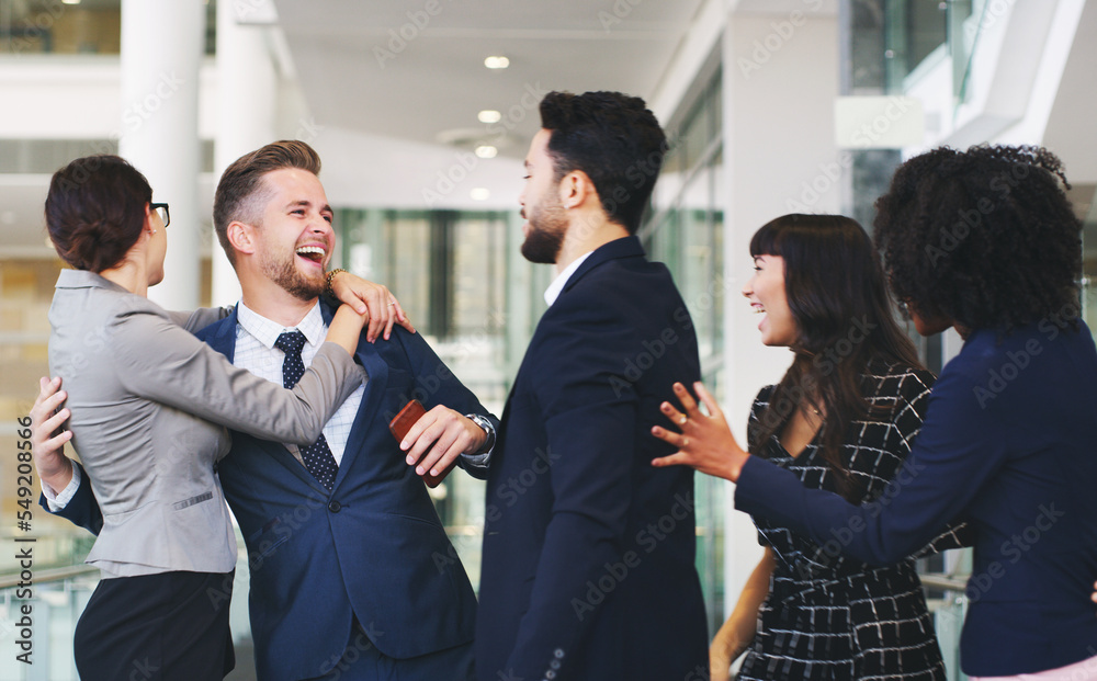 Business people, hug and friends in social fun together for business ...