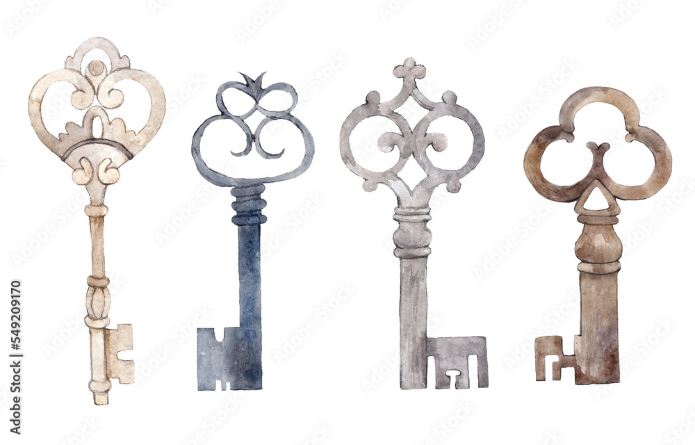 Set of watercolor antique keys. Isolated old metal key illustration ...