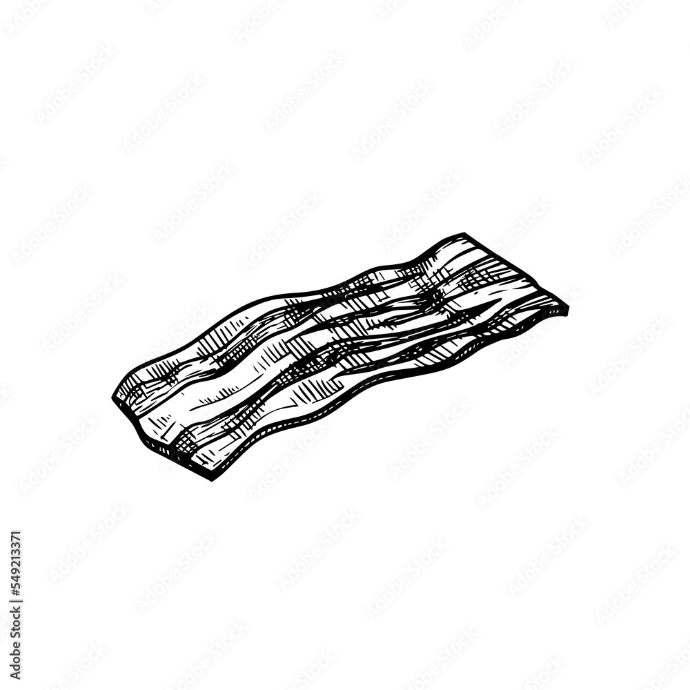 Hand drawn sketch style bacon slice. Fresh or roasted fried bacon piece ...