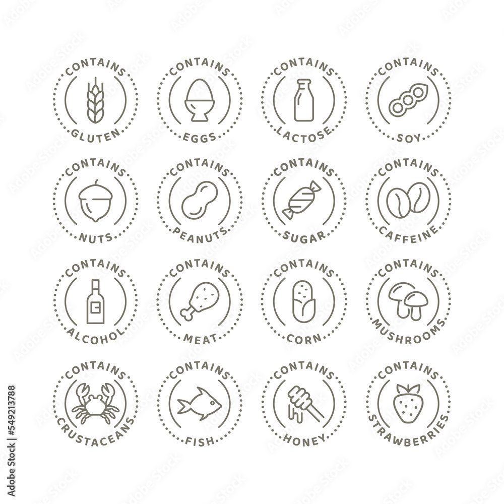 Food ingredients and allergen vector icon set. Contains gluten, lactose ...