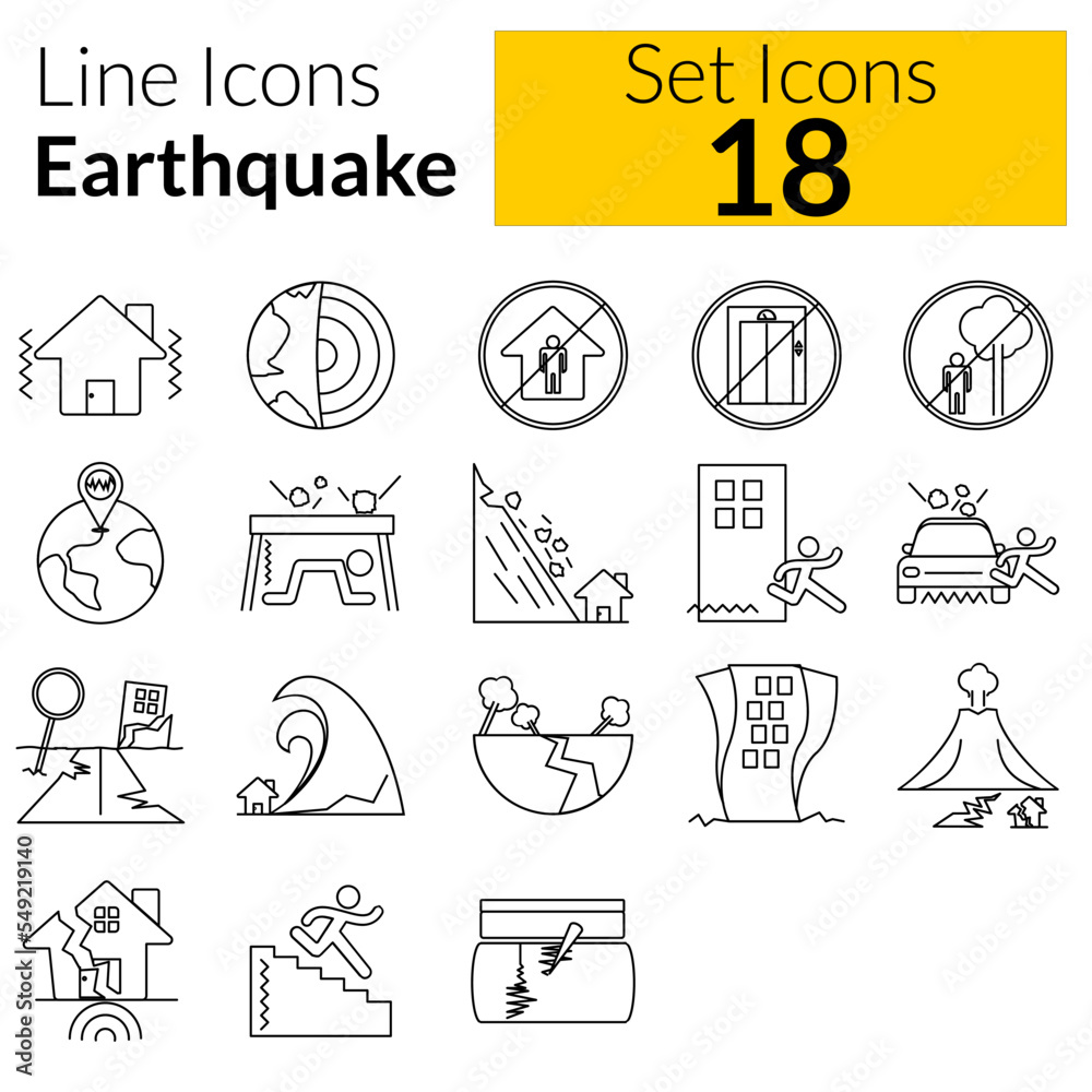 Earthquake icons set. Disaster damage. volcano eruption The aftermath ...