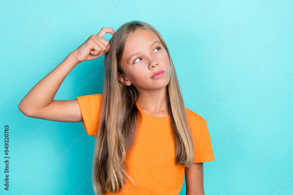 Closeup photo of youngster preteen girl kid thinking how solve problems ...