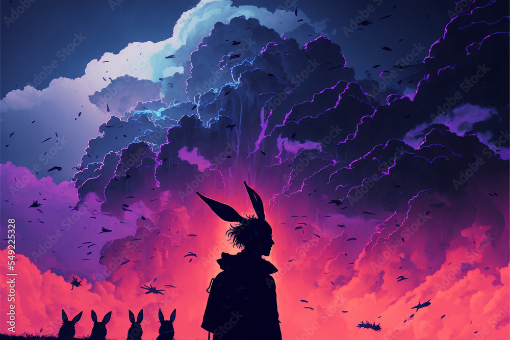 silhouette of a anime character with a group of Rabbits looking a Huge ...