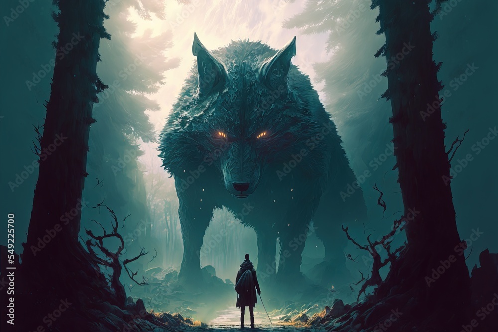 Person confront with a giant wolf in the forest. fiction. fantasy ...