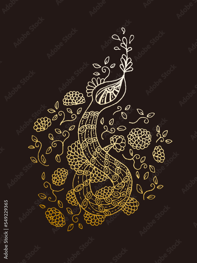 Golden snake sketch vector. Hand drawing tattoo isolated on black ...