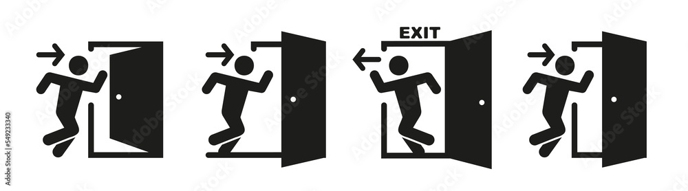 Entrance exit door with people icon sign. Door open and closed with man ...