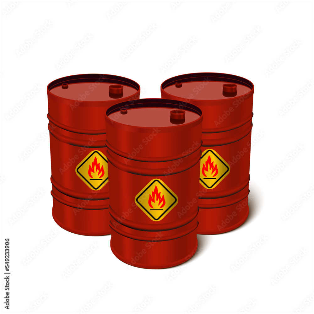 Set with red barrels and flammable substance sign. The red iron barrel ...