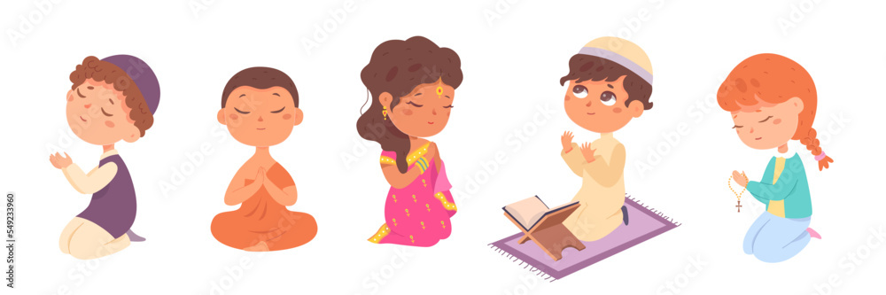 Kids pray set, young prayers of different religions sitting on knees to ...