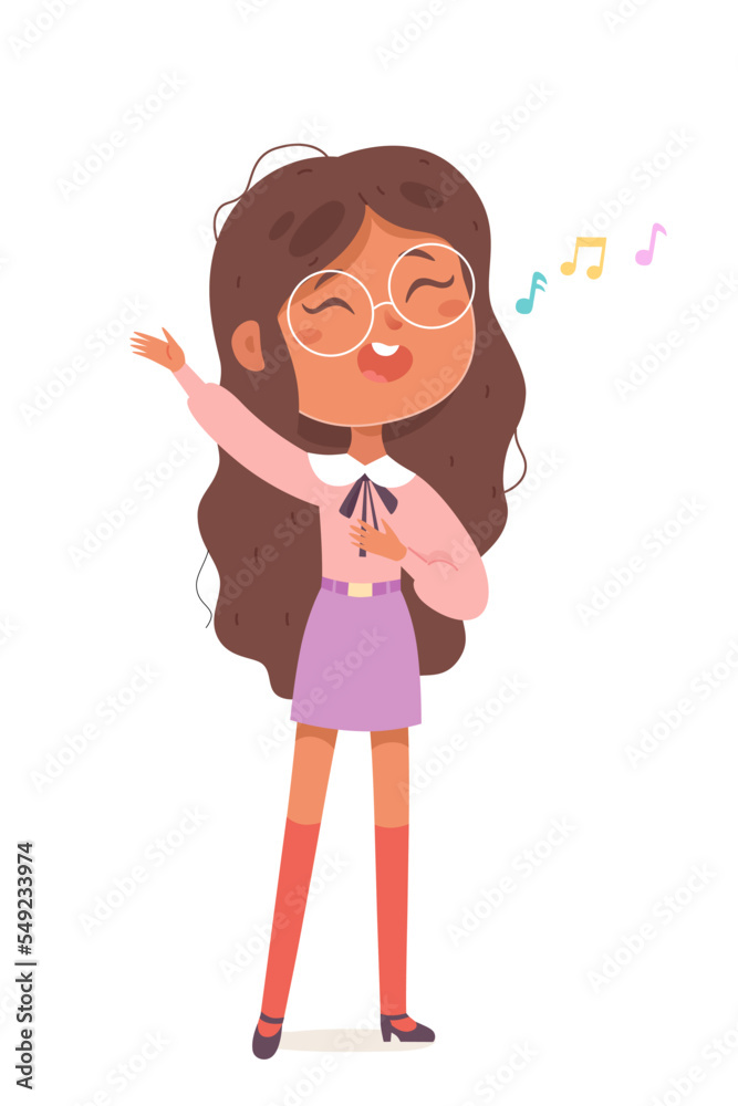 Cute girl singing song, happy kawaii female singer with glasses ...